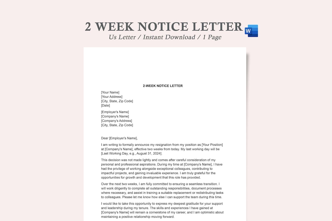 Two Weeks Notice Letter,two Weeks Notice Template,2 Week Notice Letter ...