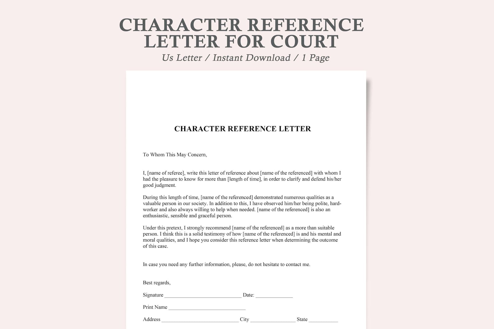 Character Reference Letter,character Reference Template,character ...