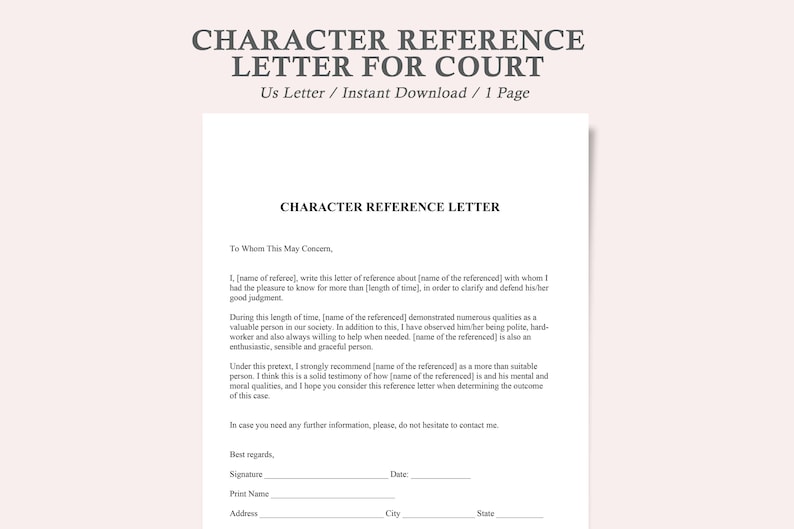 Character Reference Letter,character Reference Template,character ...