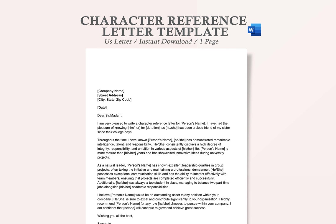 Character Reference Letter,character Reference Template,personal ...