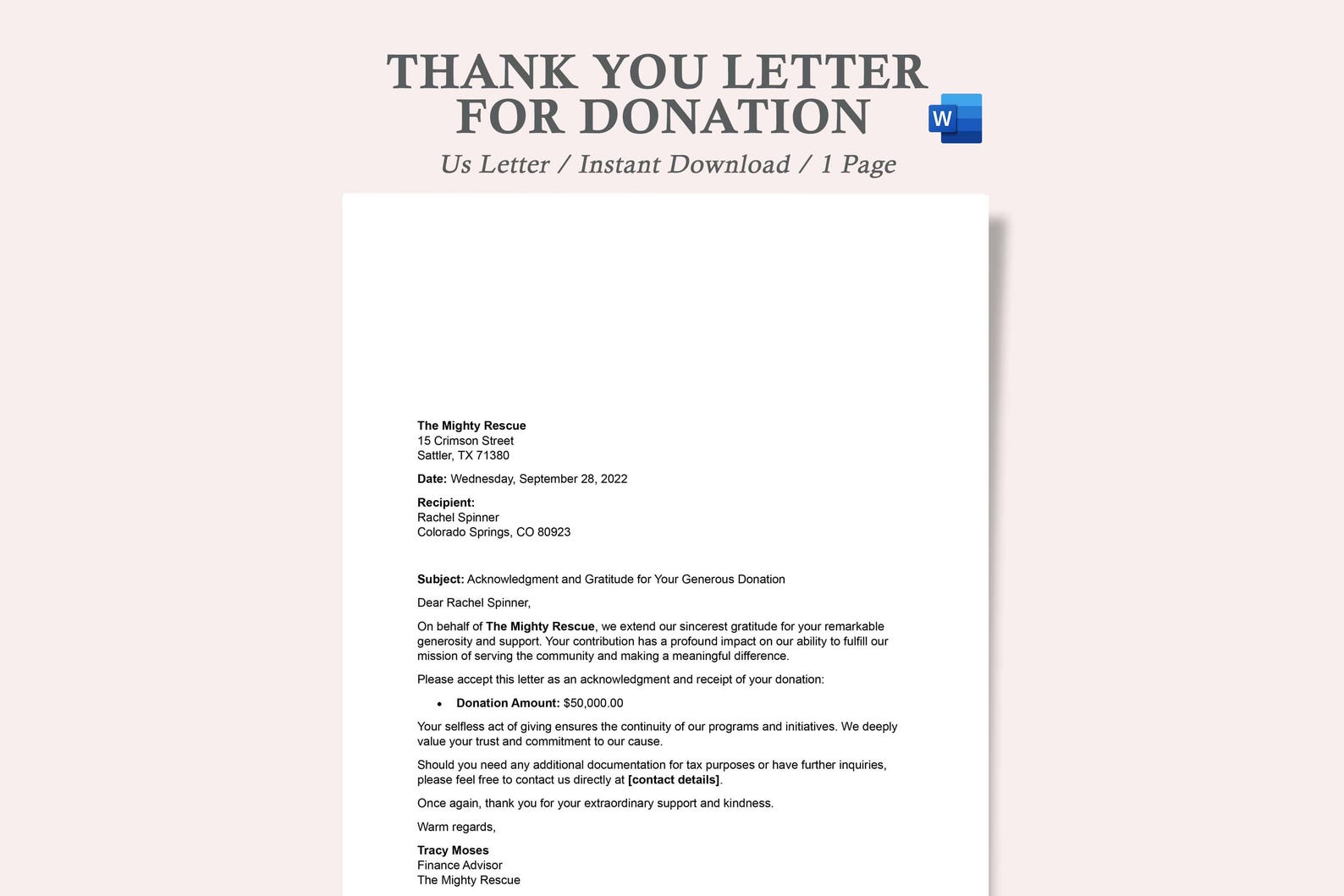 Thank You Letter for Donation,donation Thank You Letter Template,thank ...