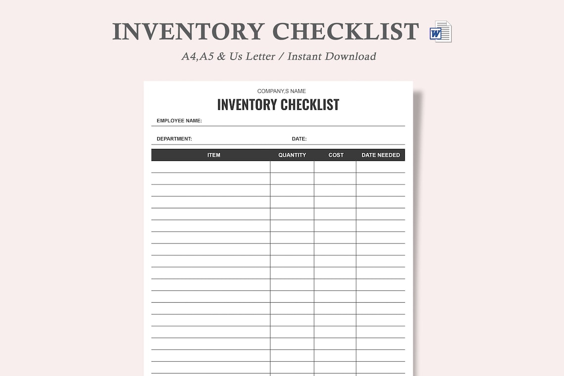 Inventory Checklist,inventory Printable,item Listing,inventory List ...
