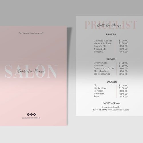 Price List Template Printable Salon Price List Menu Lash - Etsy