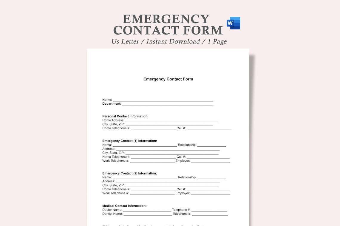 Emergency Contact Form,emergency Contact Form Template,emergency ...