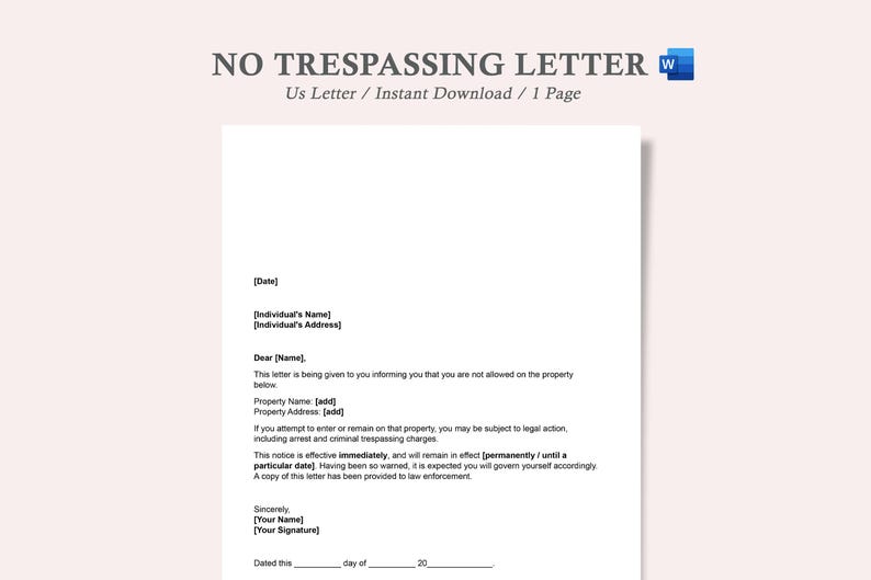 No Trespassing Letter,no Trespass Notice Template,no Trespassing ...