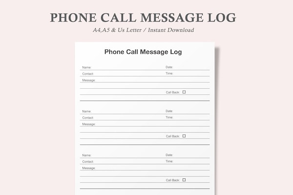 Phone Call Message Log Printable, Voicemail Tracker, Answering Machine Record, Message Planner ...