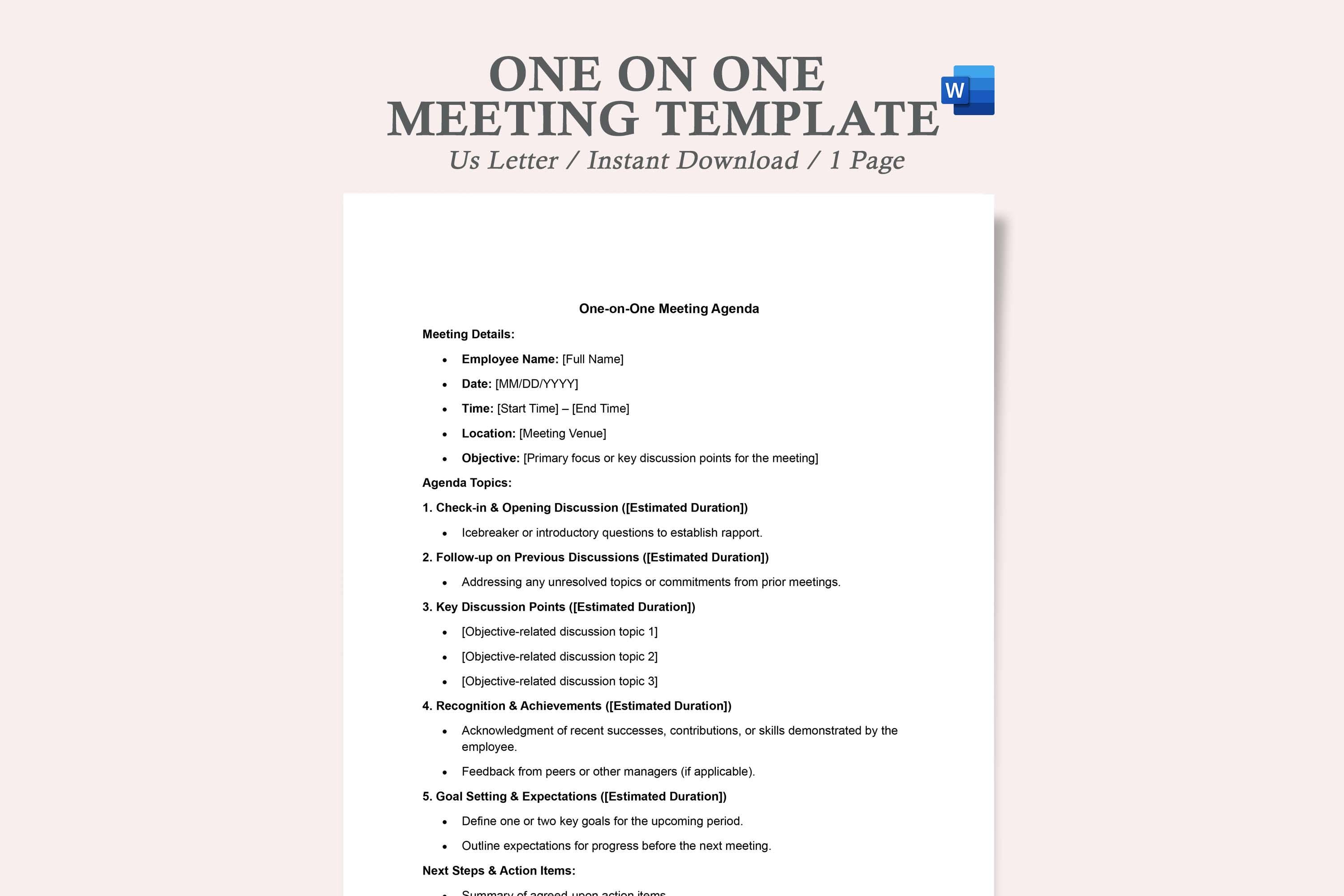 One on One Meeting Template,1 1 Meeting Agenda Template,one on One ...