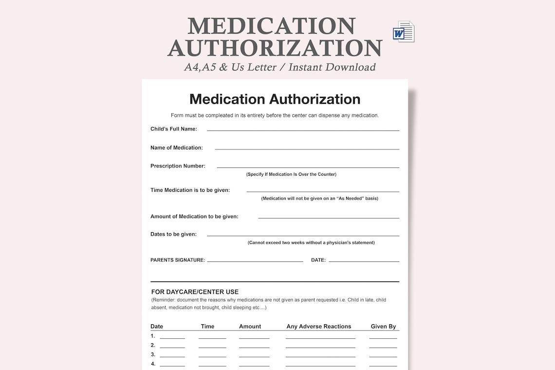 Medication Authorization Form Daycare,medication Form for Daycare,medication Administration Form ...