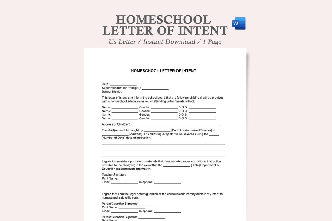 Homeschool Letter of Intent,intent to Homeschool Form,printable Intent ...