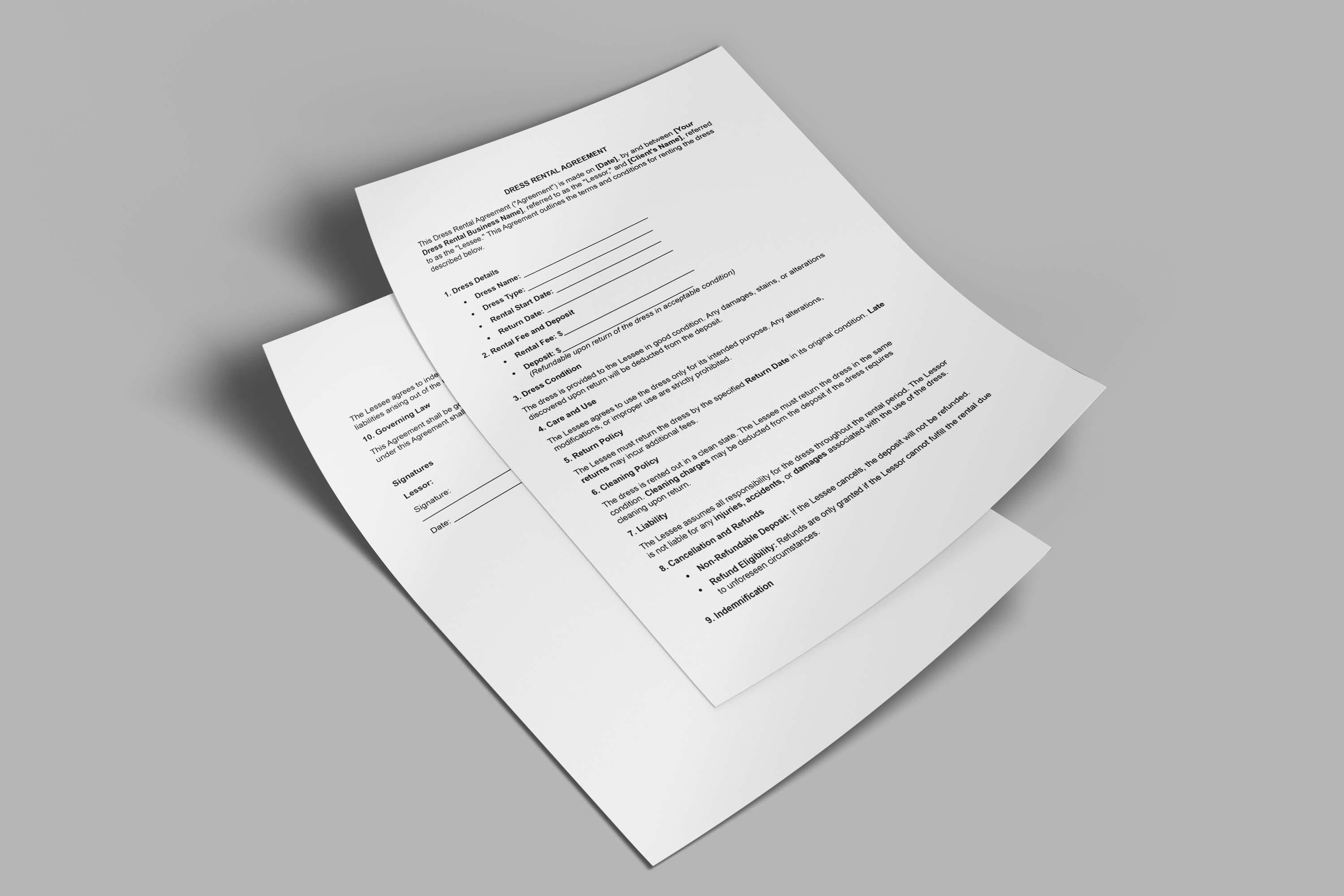 Dress Rental Agreement Template,dress Rental Agreement,printable Gown ...