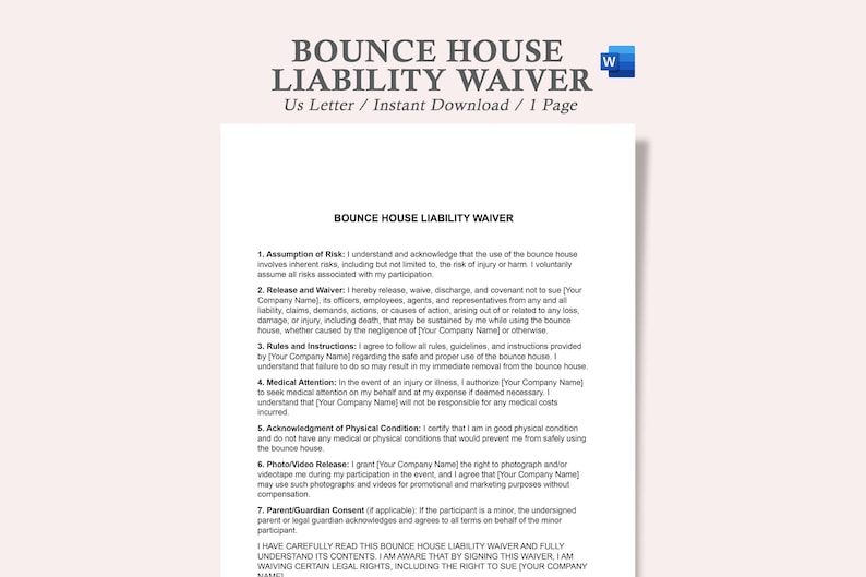Bounce House Liability Waiver Form,liability Waiver for Bounce House ...