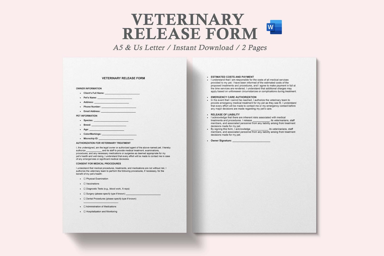 Veterinary Form,veterinary Intake Form,veterinary Release Form ...