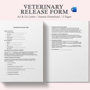 Veterinary Form,veterinary Intake Form,veterinary Release Form ...