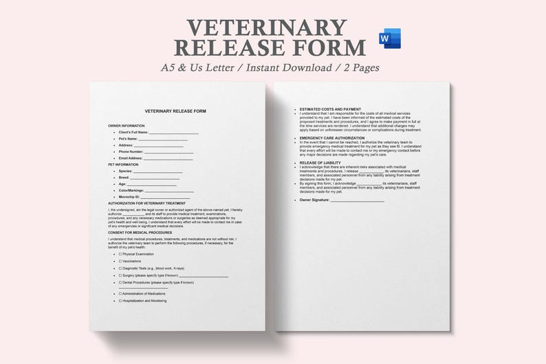 Veterinary Form,veterinary Intake Form,veterinary Release Form ...