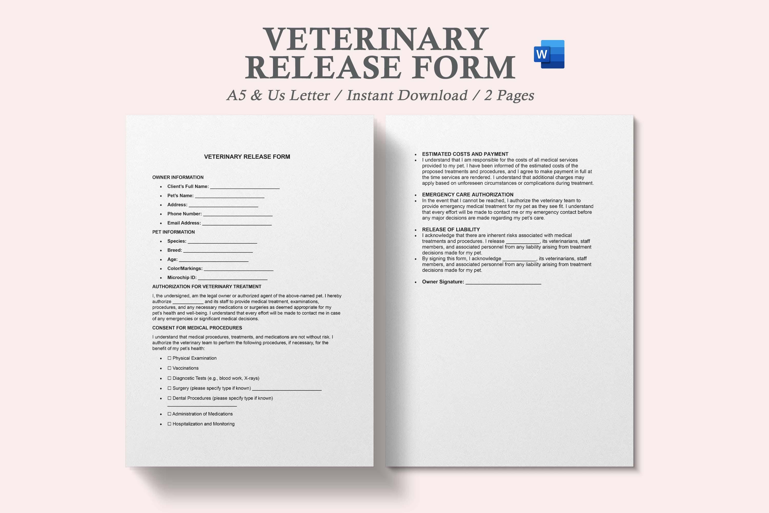 Veterinary Form,veterinary Intake Form,veterinary Release Form ...