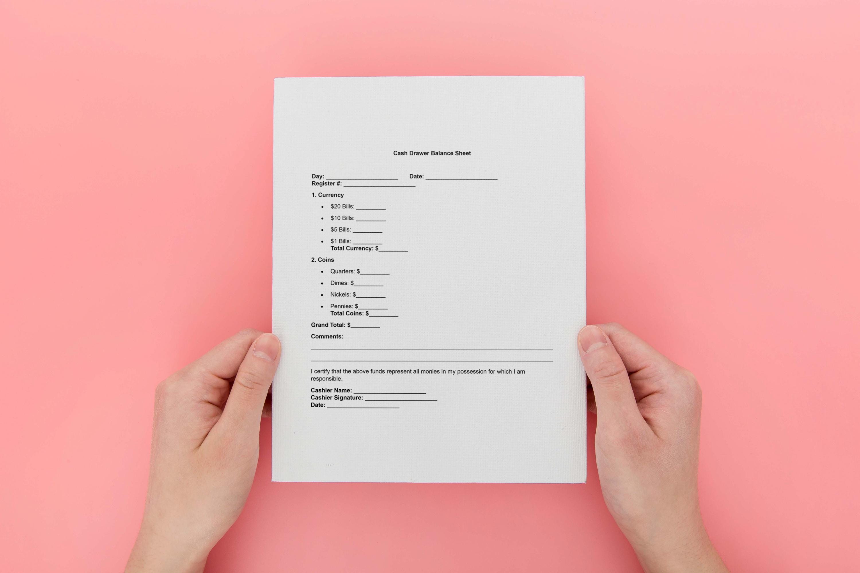 Cash Drawer Balance Sheet,cash Drawer Count Sheet,printable Daily Cash ...