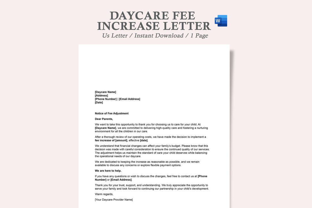 Daycare Fee Increase Letter,daycare Tuition Increase Letter,fee ...