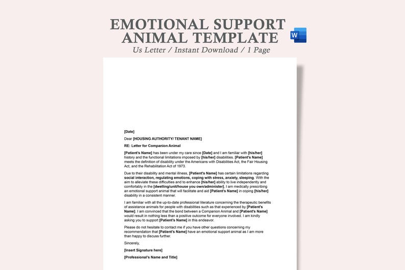 Emotional Support Animal Letter,esa Letter,esa Letter Template,esa ...
