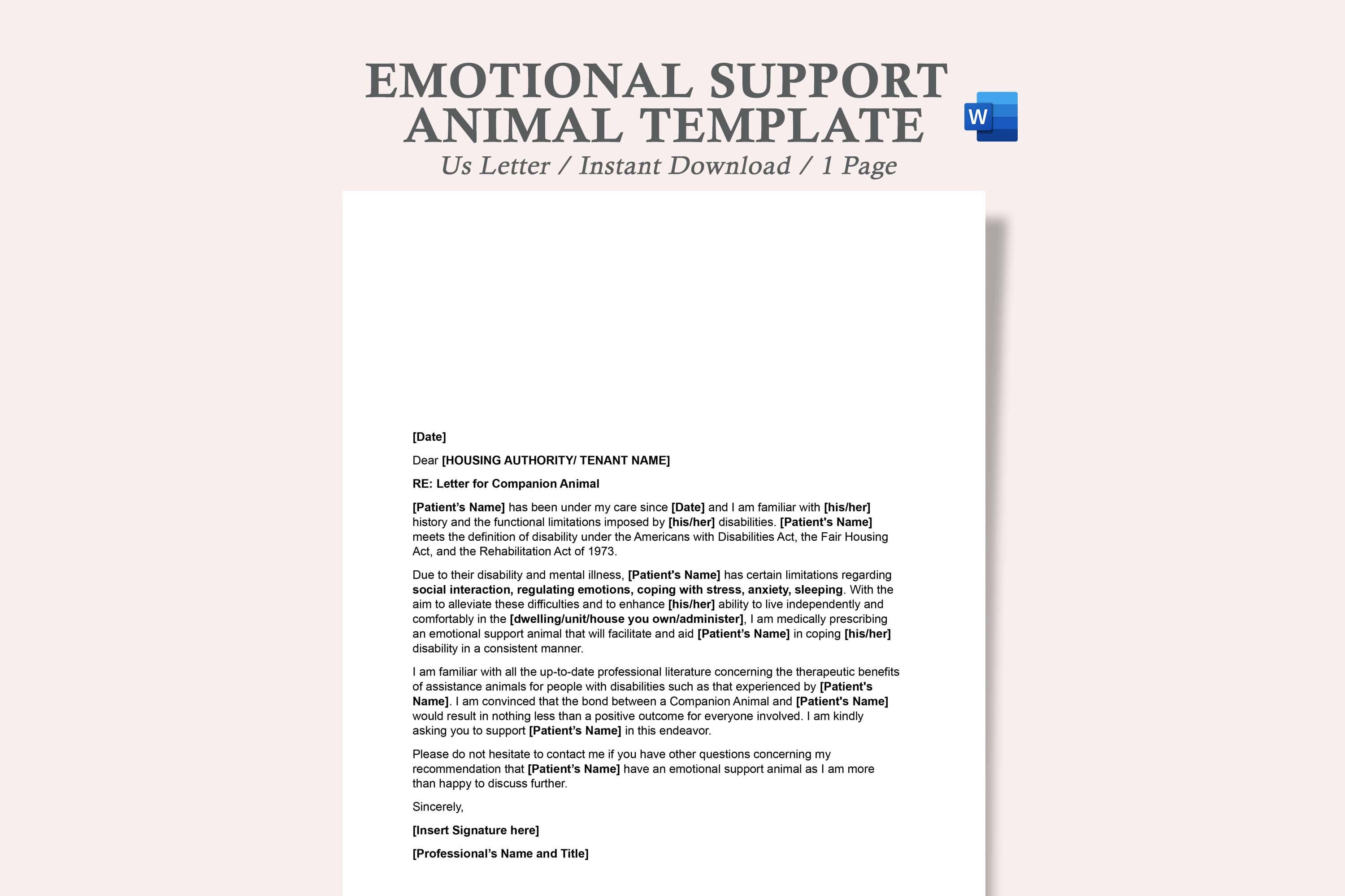Emotional Support Animal Letter,esa Letter,esa Letter Template,esa ...