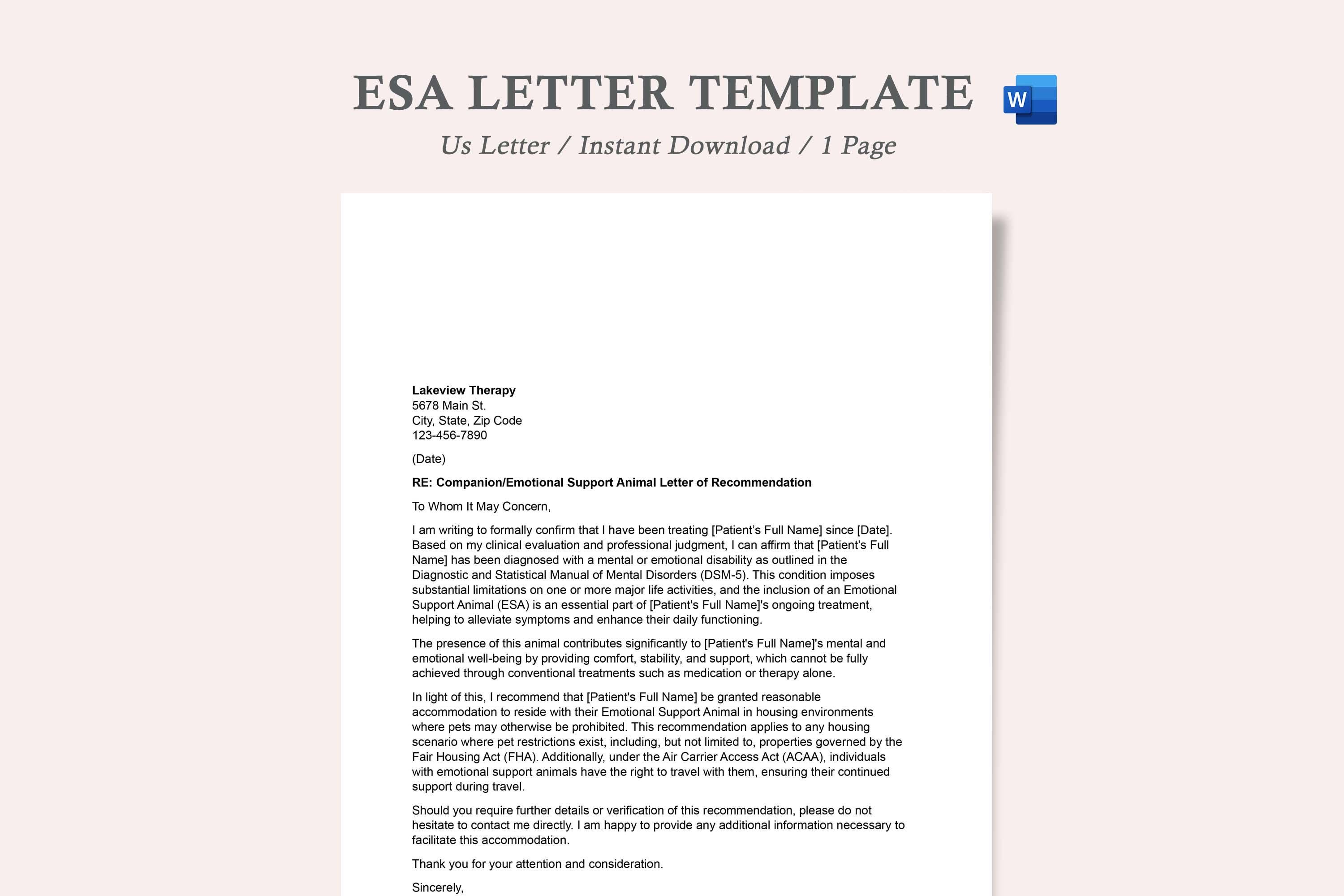 Esa Letter,esa Letter Template,emotional Support Animal Letter,support ...