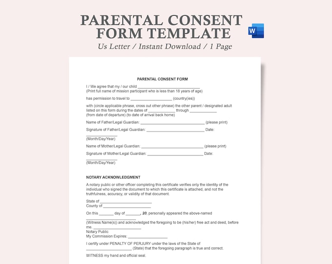 Parental Consent Form Template, Parental Consent Form, Permission to Travel Template, Notary ...