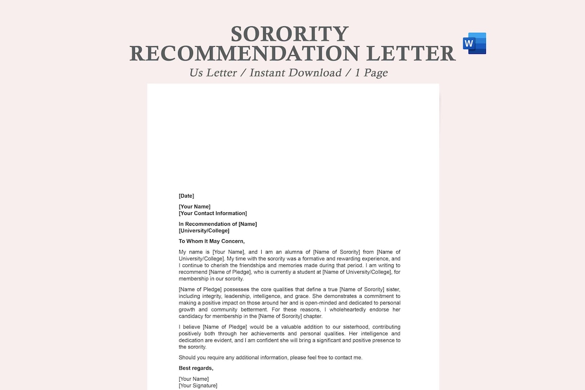 Sorority Recommendation Letter,letter of Recommendation to a Sorority ...