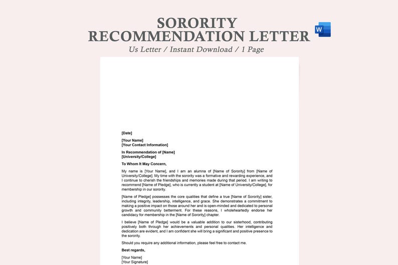 Sorority Recommendation Letter,letter of Recommendation to a Sorority,letter of Rec for Sorority ...