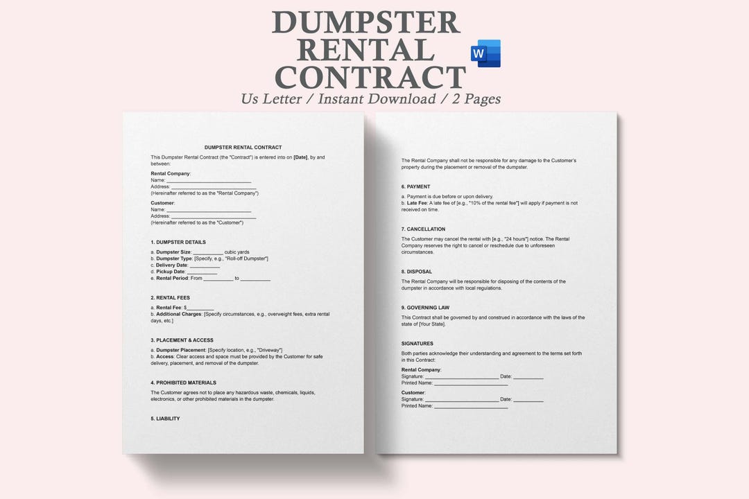 Dumpster Rental Contract,dumpster Rental Service Agreement,dumpster ...