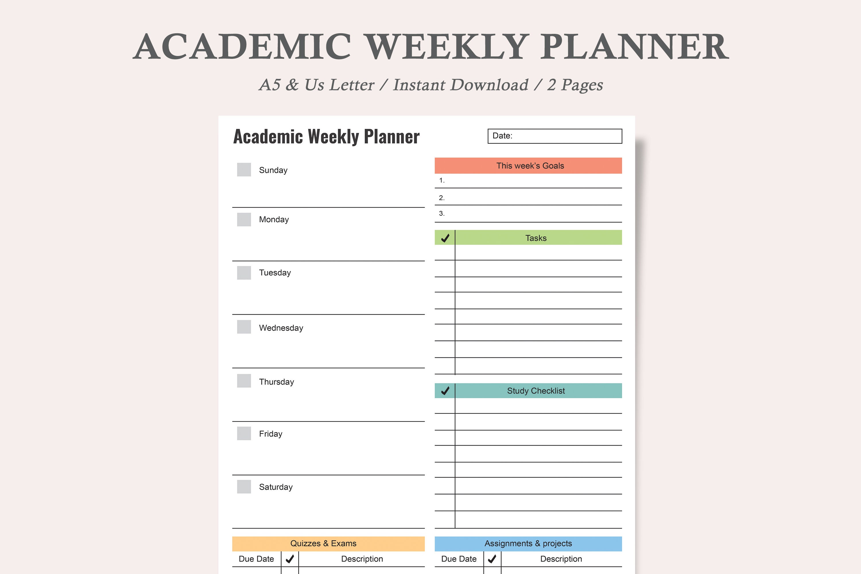 Academic Weekly Planner,student Planner,printable Weekly Insert,weekly ...