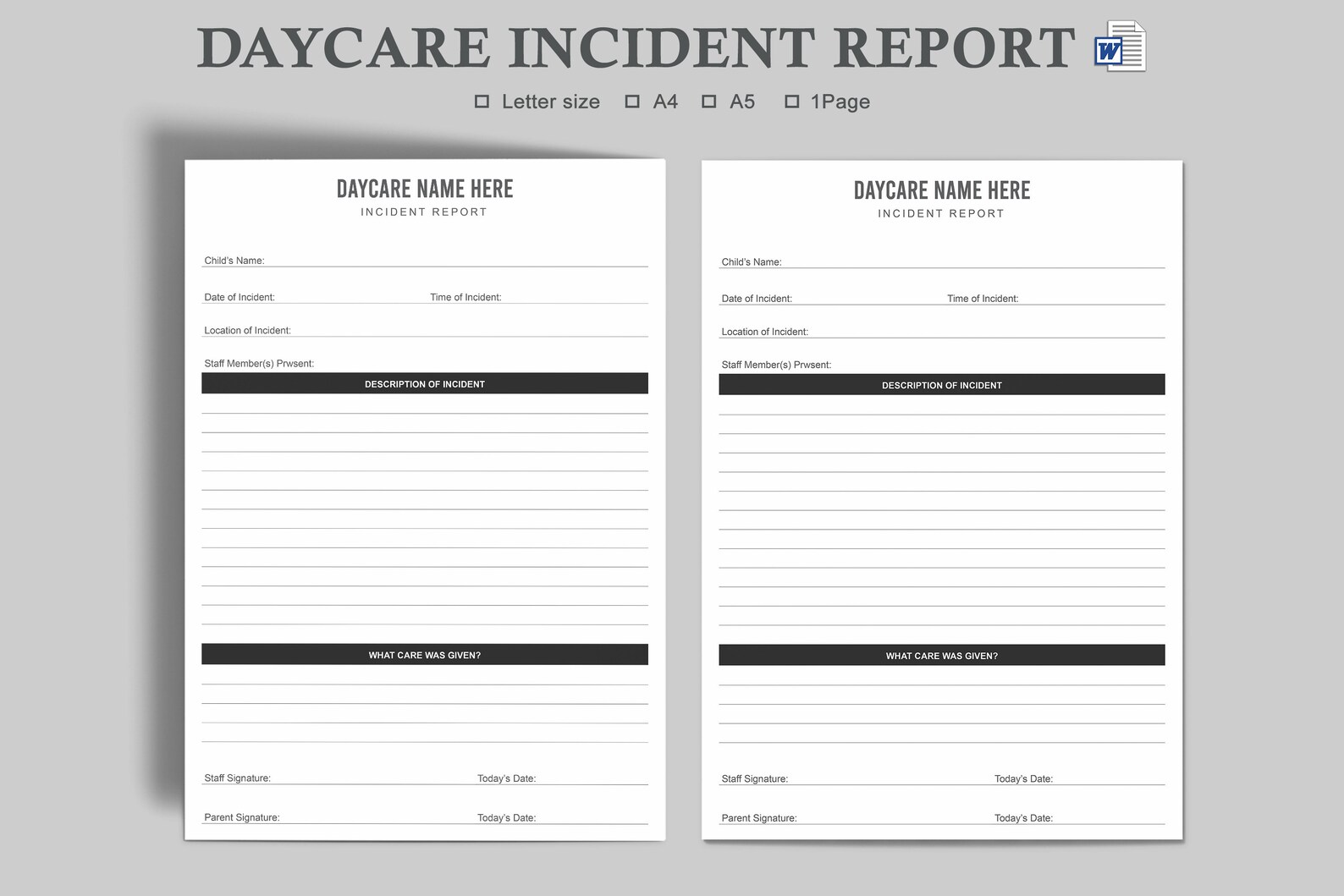 Daycare Incident ReportChild Incident FormIncident | Etsy