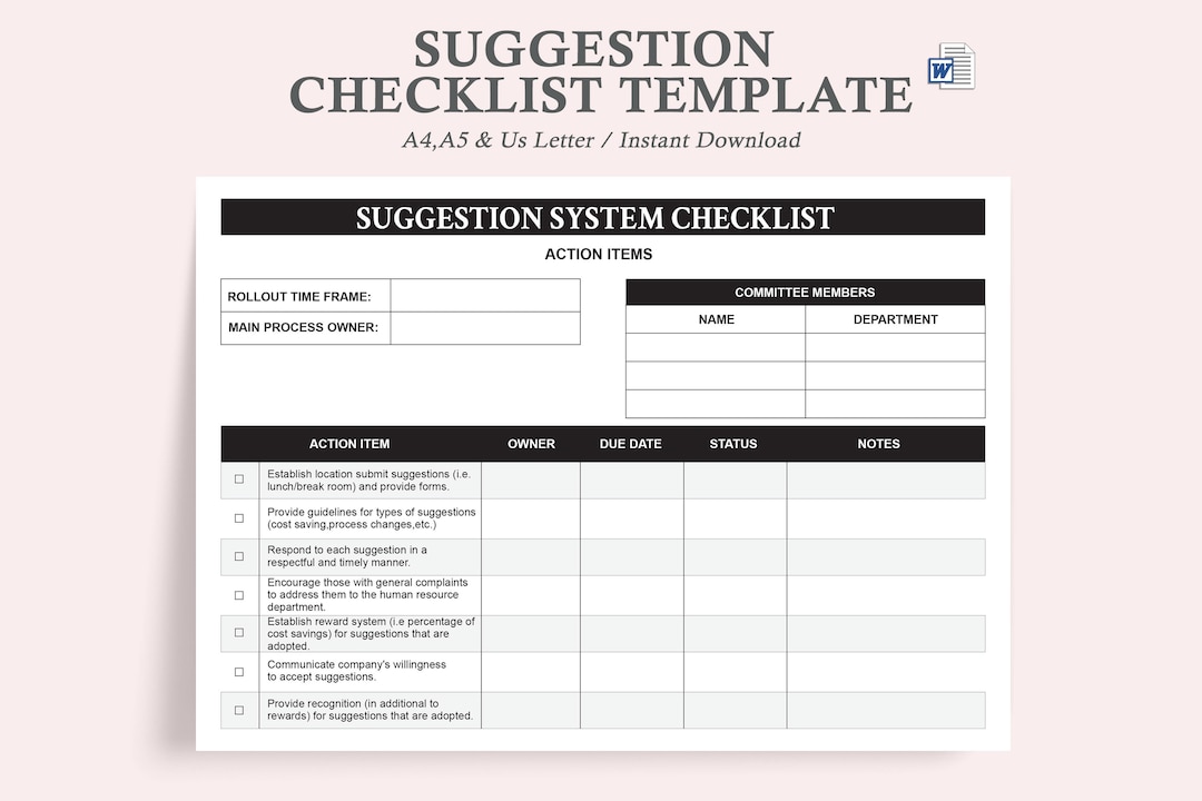 Suggestion Checklist Template,ms Word Editable Template,employee ...