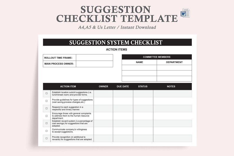 Suggestion Checklist Template,ms Word Editable Template,employee ...