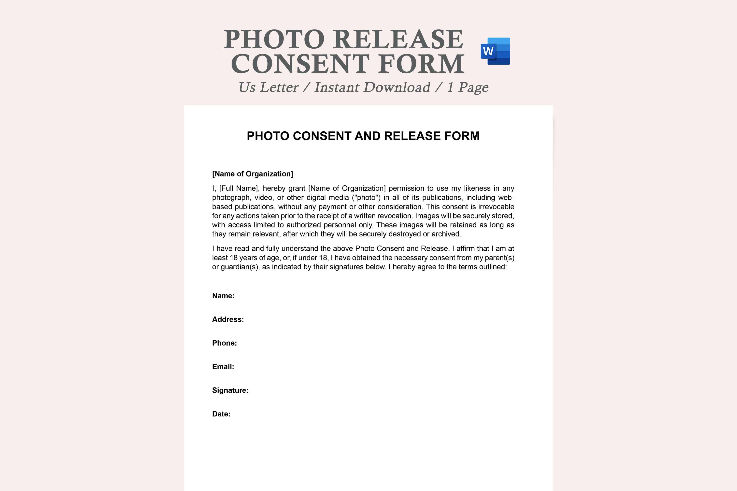 Photo Release Consent Form,photo Consent Template,photo Consent Form ...