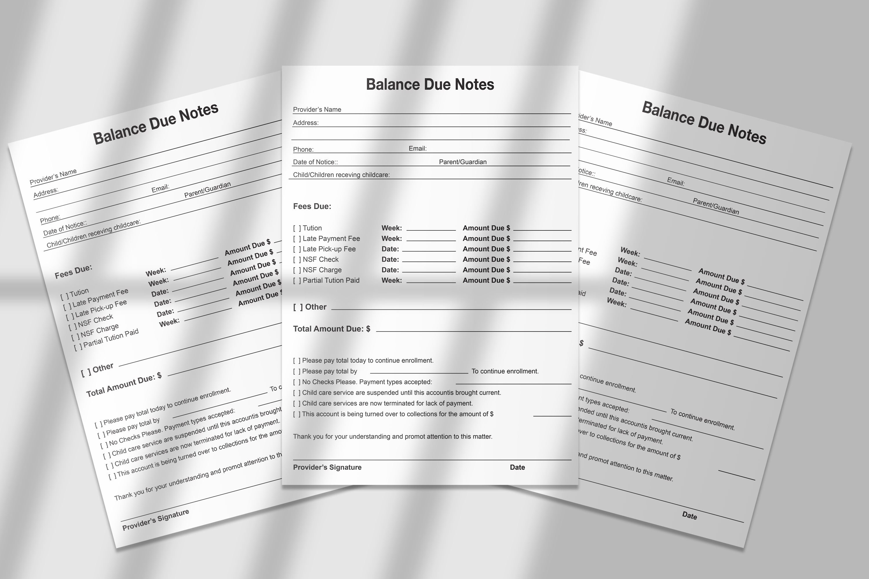 Balance Due Form,balance Due Notice,daycare Payment Form - Etsy