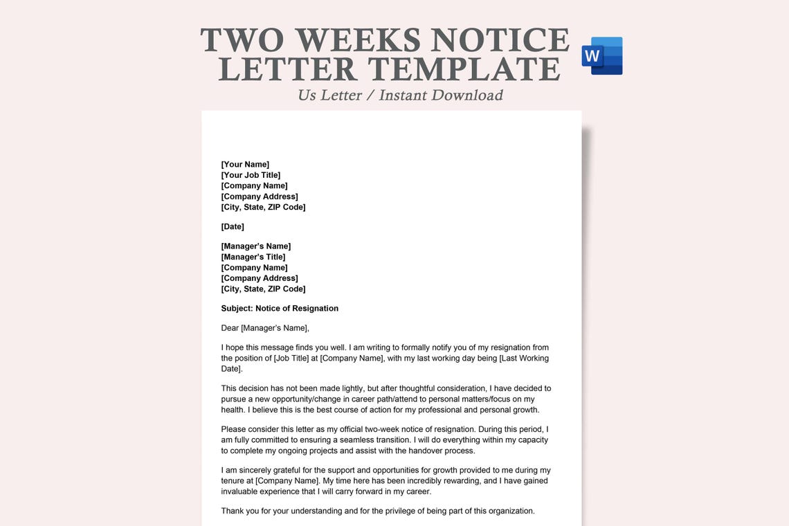 Two Weeks Notice Letter,two Weeks Notice Template,2 Week Notice Letter ...