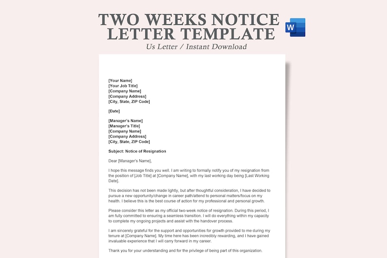 Two Weeks Notice Letter,two Weeks Notice Template,2 Week Notice Letter ...