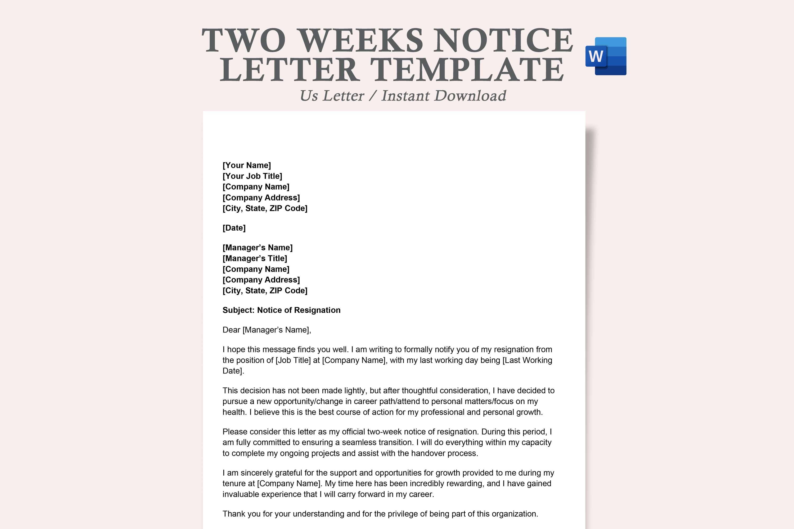 Two Weeks Notice Letter,two Weeks Notice Template,2 Week Notice Letter ...