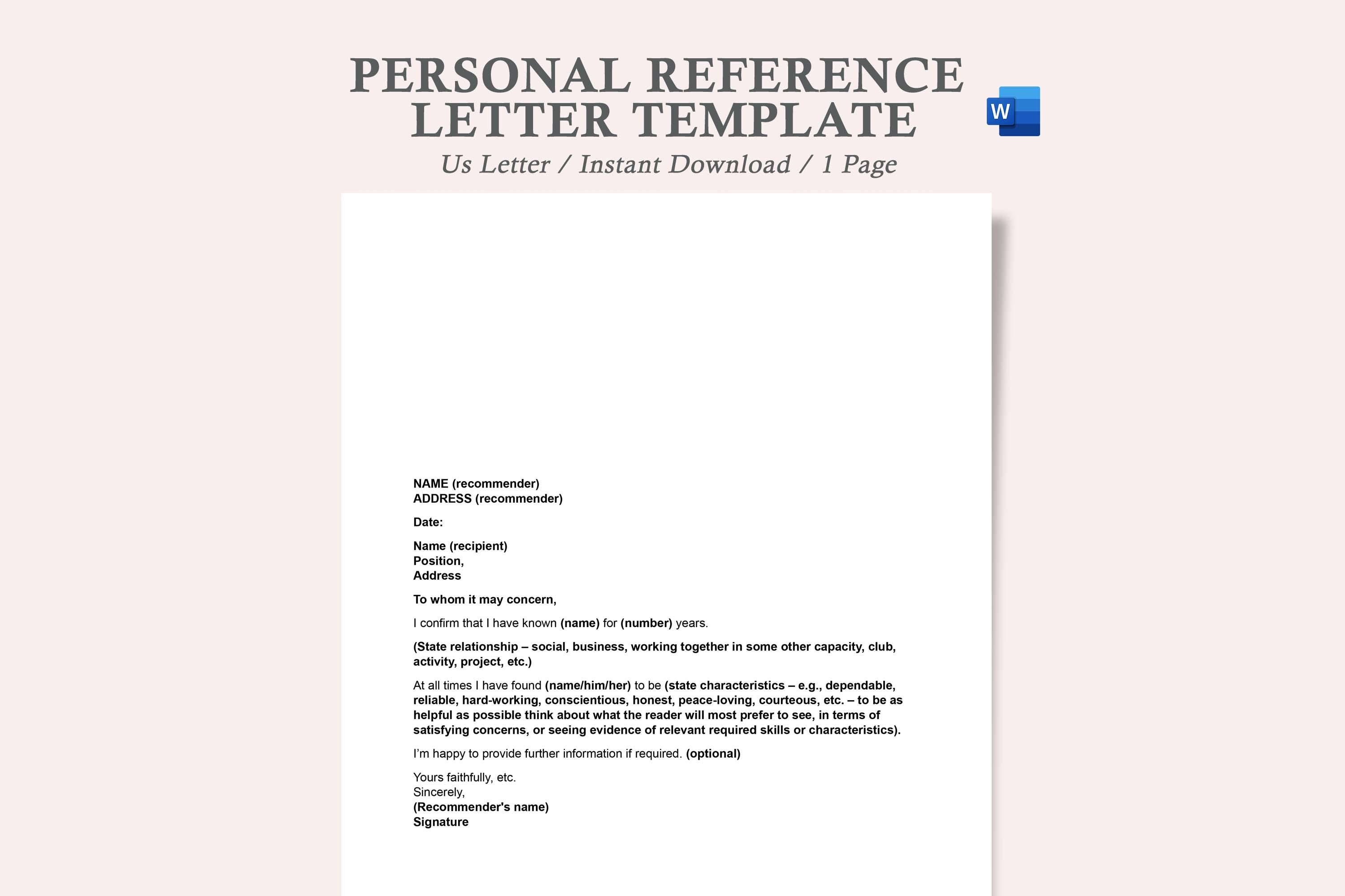 Personal Reference Letter Template,personal Reference Letter,format for ...