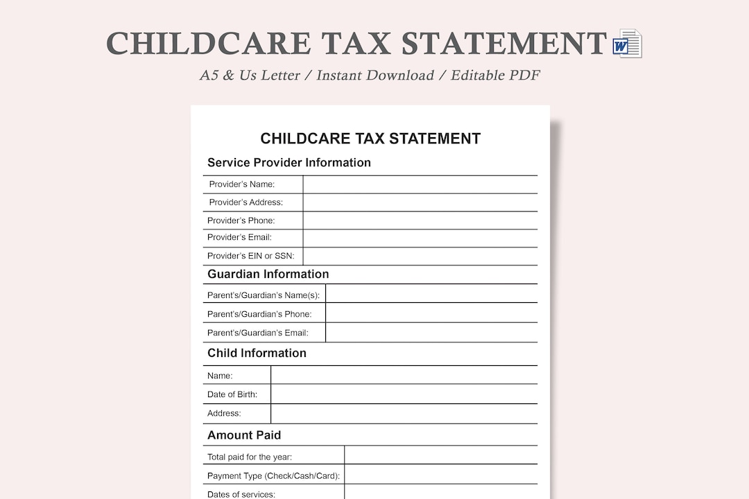 Child Care Tax Form,child Tax Statement,tax Receipt for Daycare,daycare ...