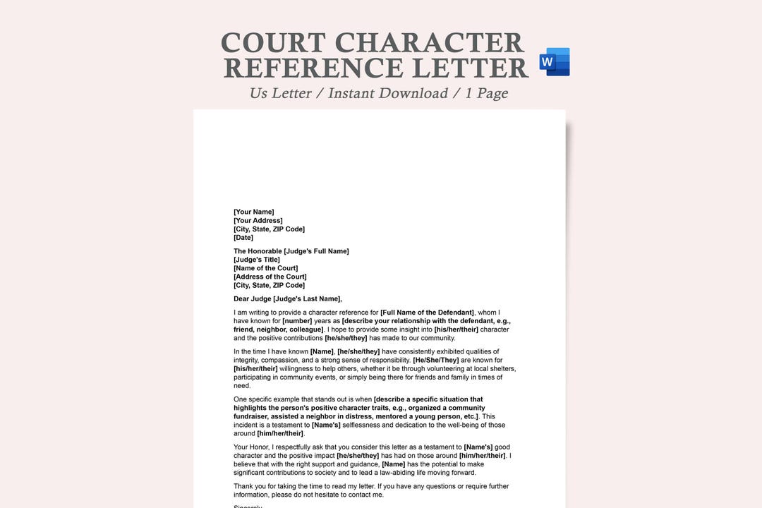 Court Character Letter,character Reference Letter for Court Template ...