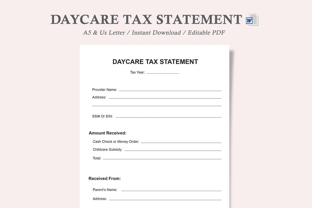 Child Care Tax Form,child Tax Statement,tax Receipt for Daycare,daycare ...