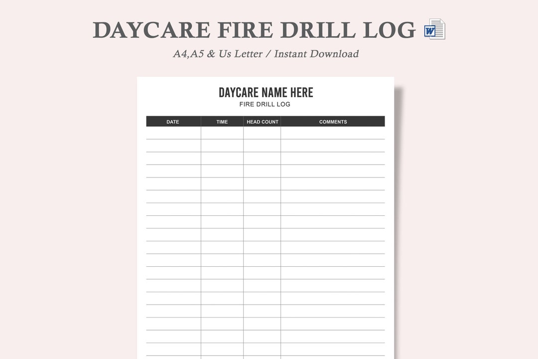 Daycare Fire Drill Log,daycare Fire Drill Form,fire Drill Record Sheet ...