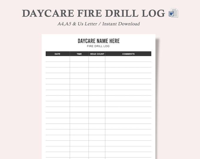 Business Fire Drill Log Printable, Organization, Fire Drill Practice, Daycare Fire Drill Log ...