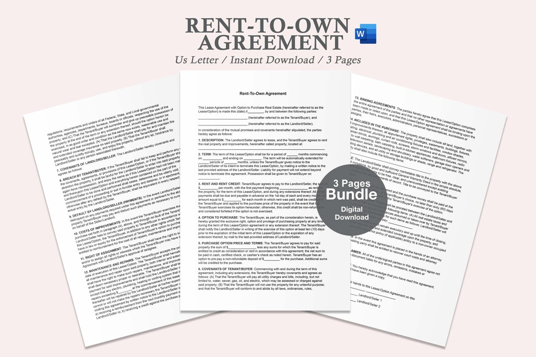 Rent to Own Agreement,rent to Own Contract Template,rent to Own Lease ...