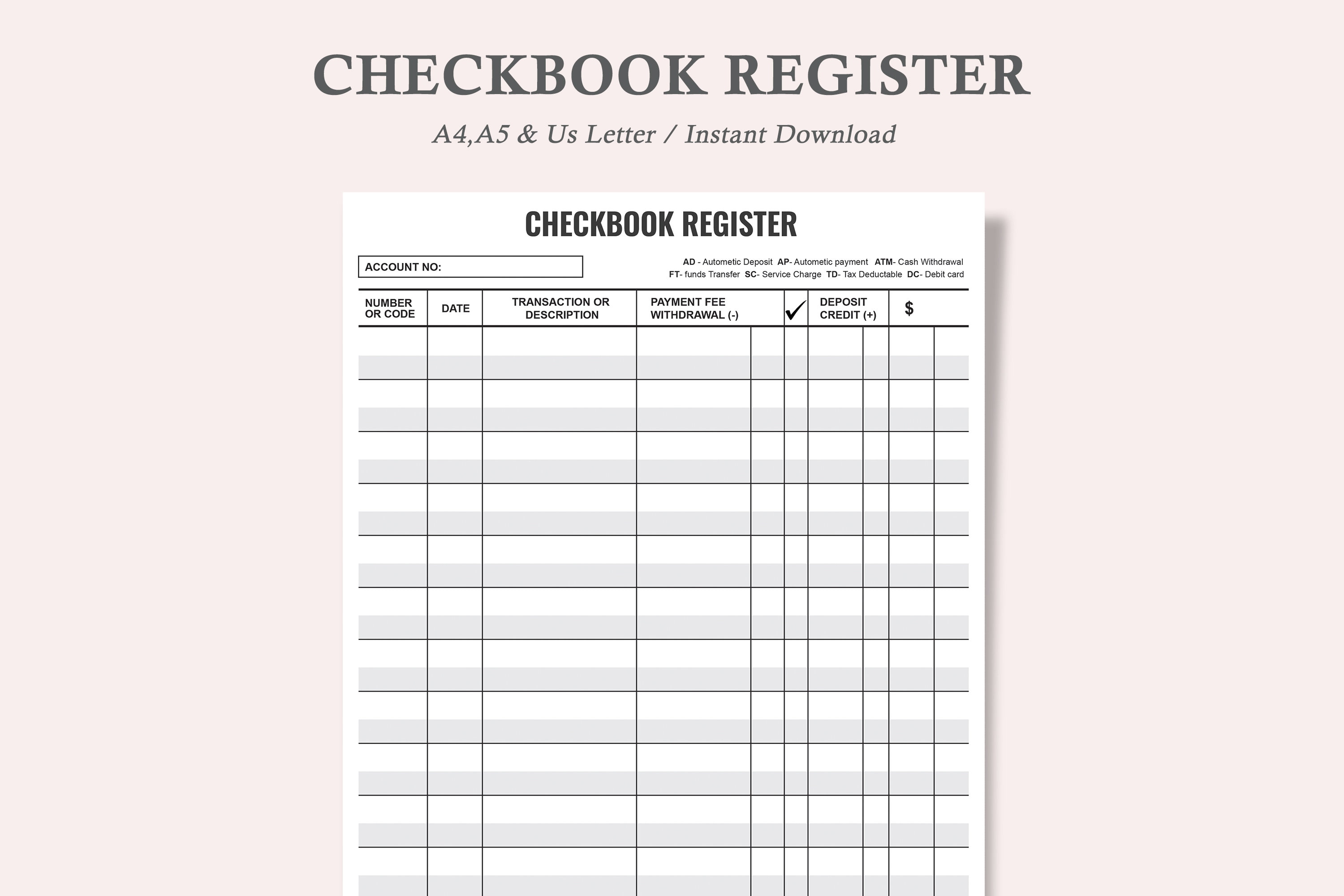 Printable Checkbook Register,blank Check Register Template Pdf ...