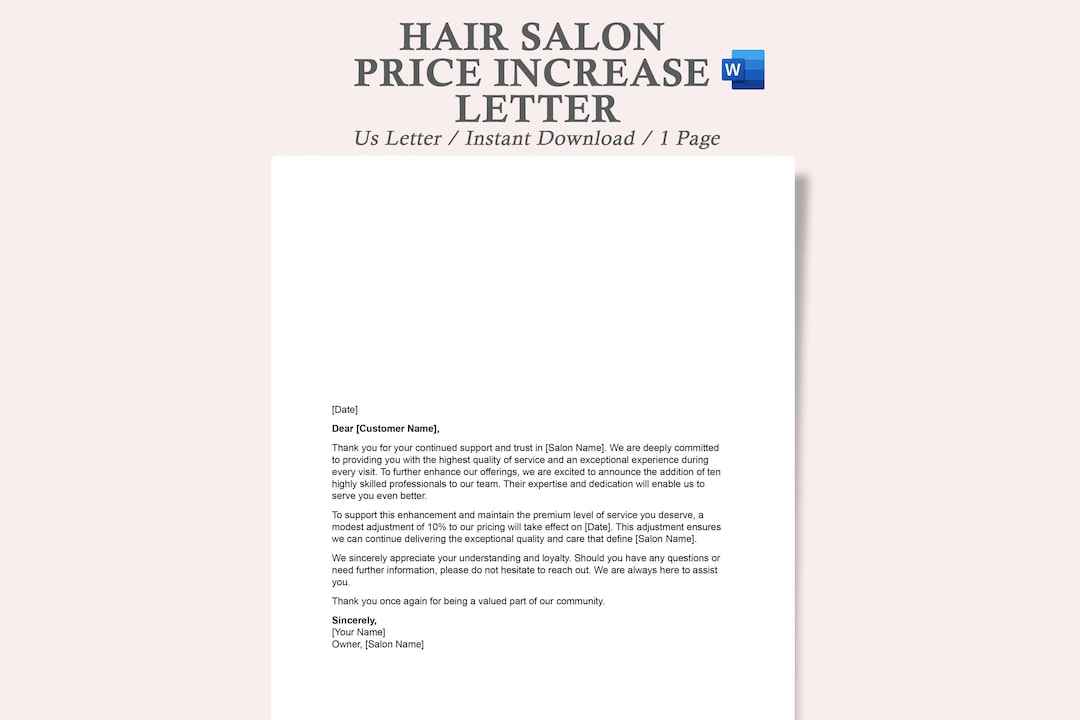 Salon Price Increase Notice Template,hair Salon Price Increase Letter ...