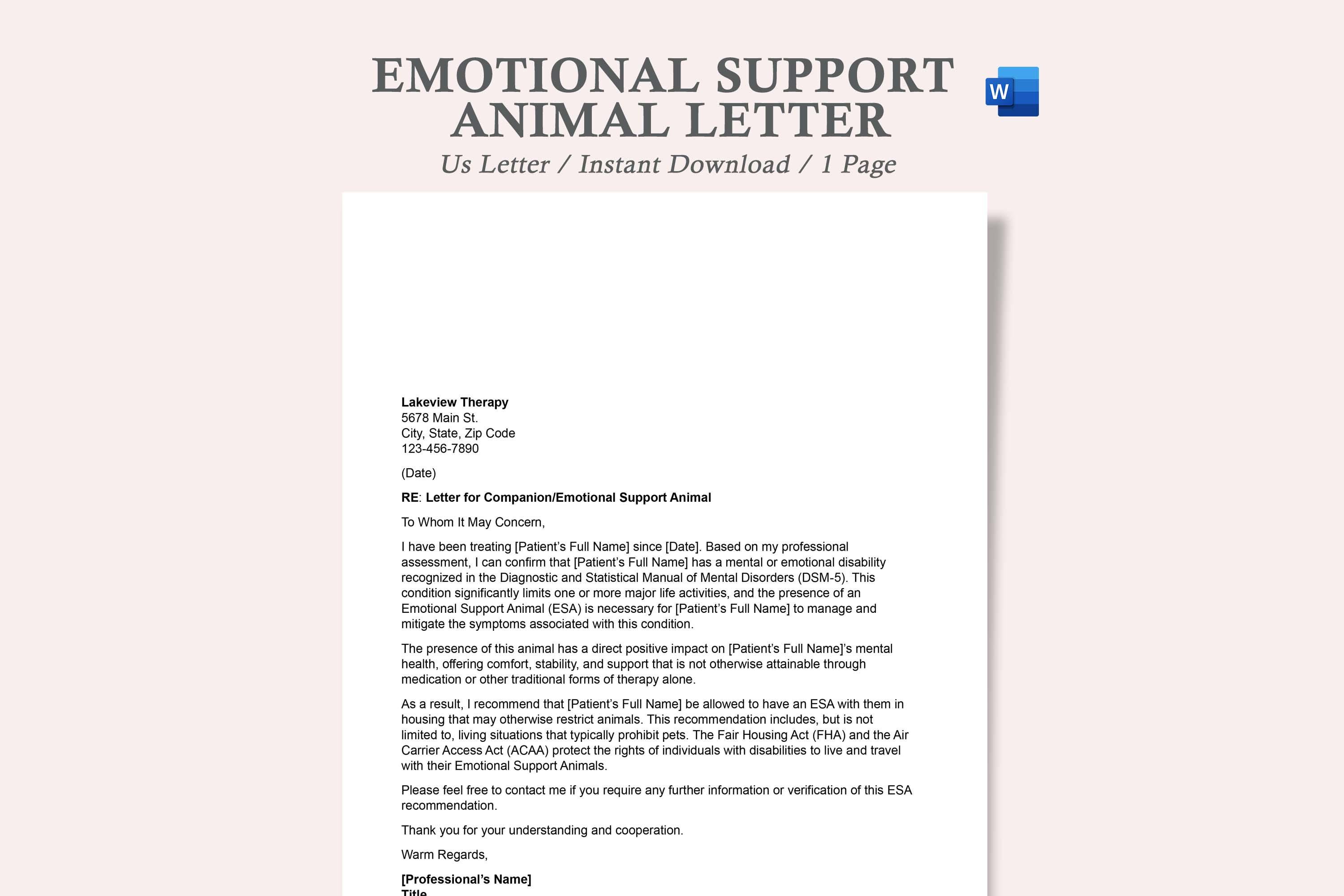 Emotional Support Animal Letter,esa Letter,esa Letter Template,support ...