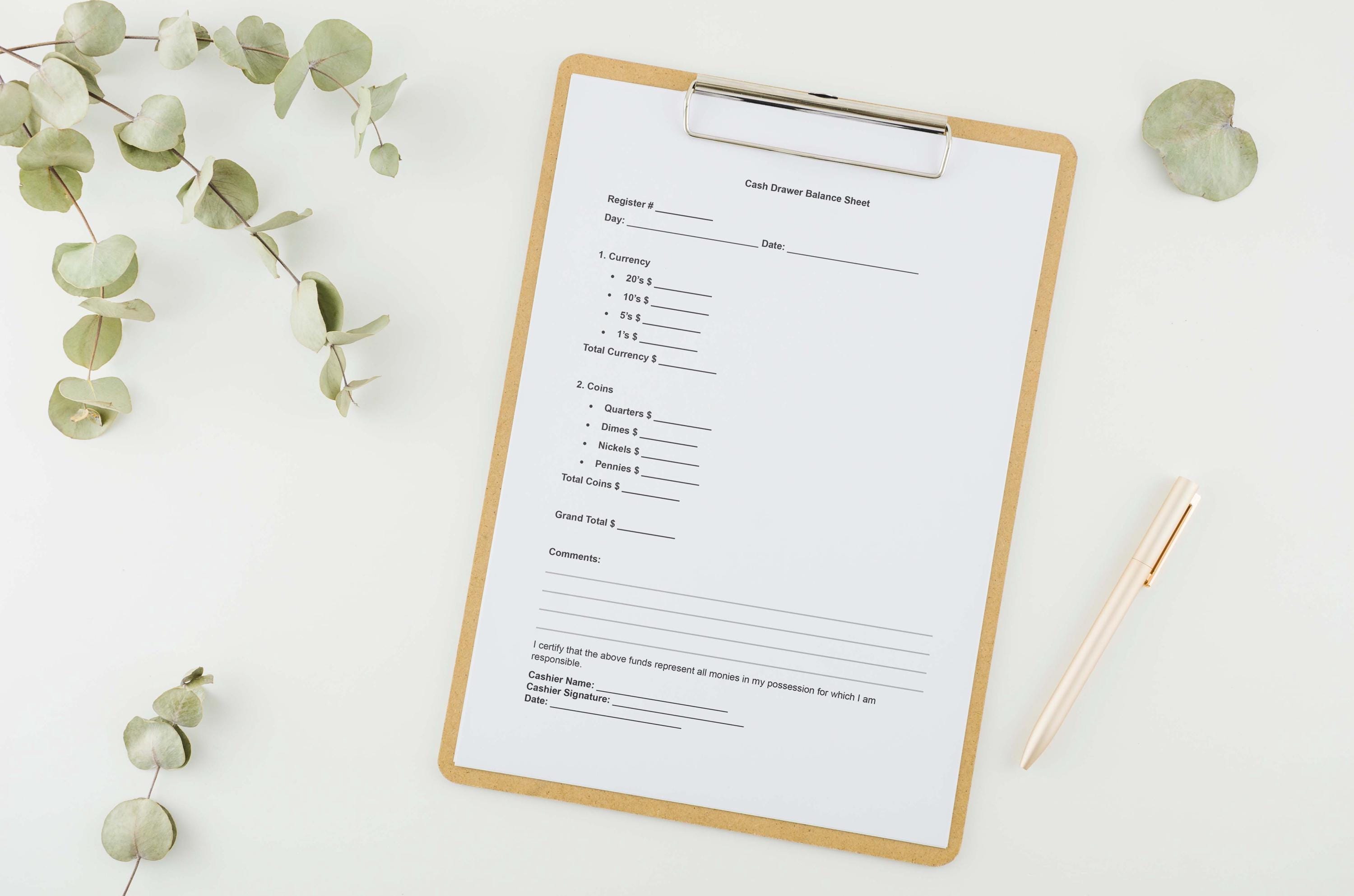 Cash Drawer Balance Sheet,cash Drawer Count Sheet,printable Daily Cash ...
