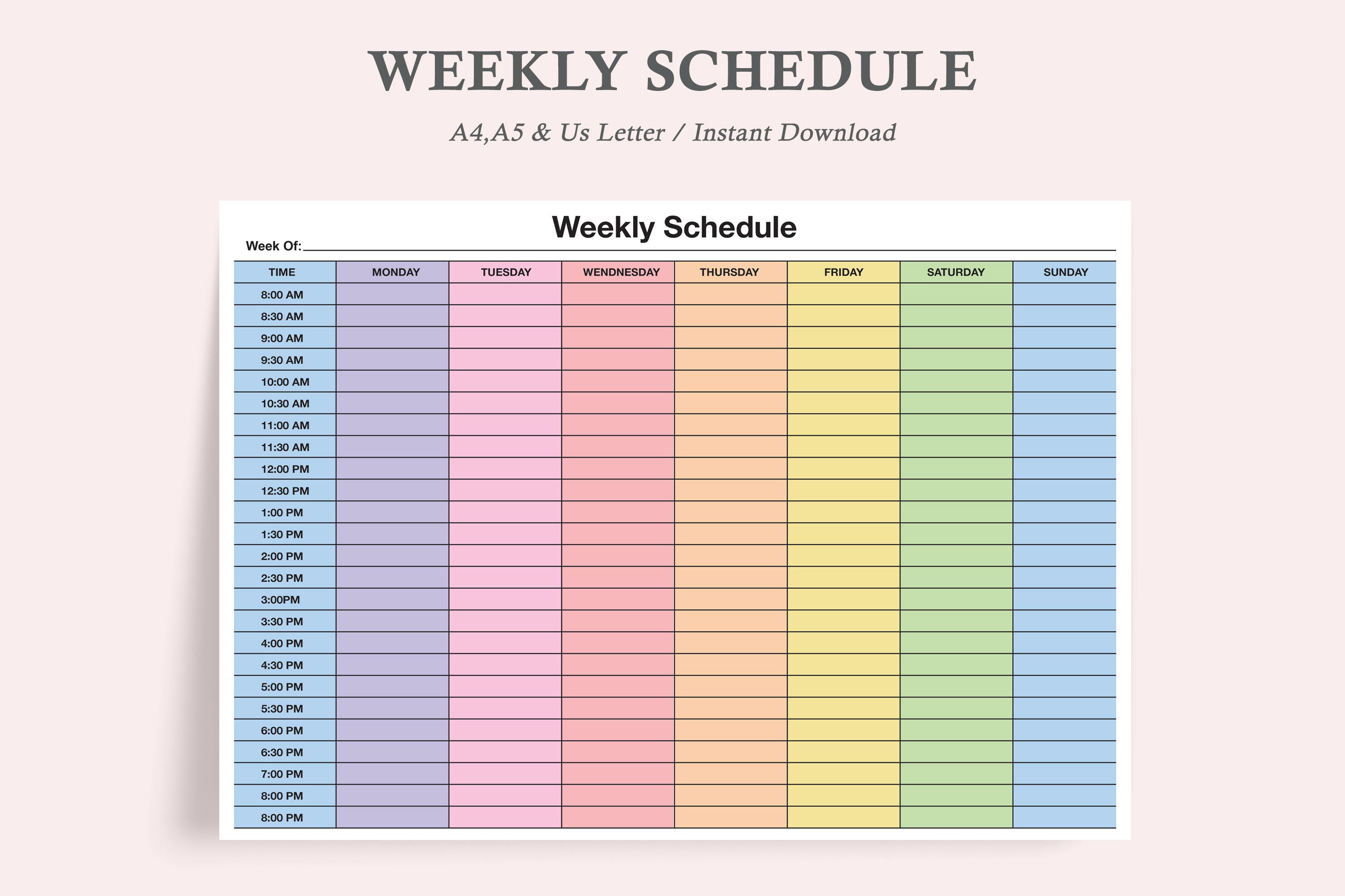 Weekly Timetable Planner,hourly Weekly Schedule Template,weekly Hourly ...