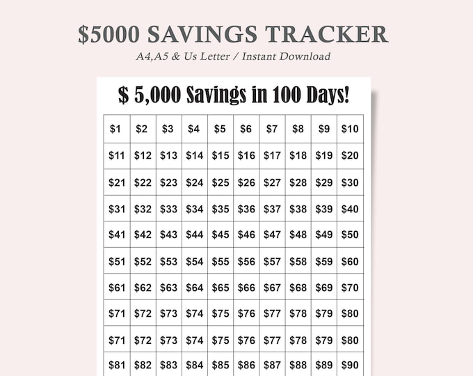 5000 Money Saving Challenge Printable / Save 5000 in 100 Days / Savings ...